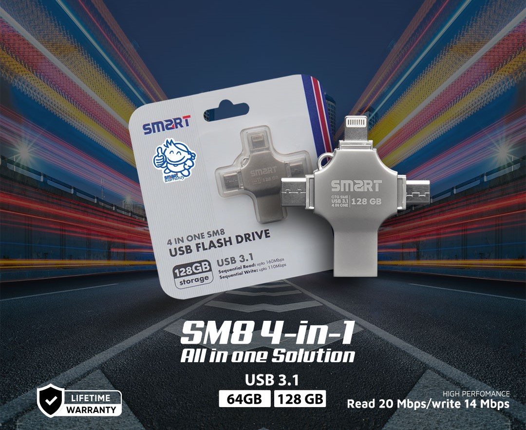SMART SM8 128GB SuperFast 4-in-1(USB to Type C, Micro USB, Lighting ...