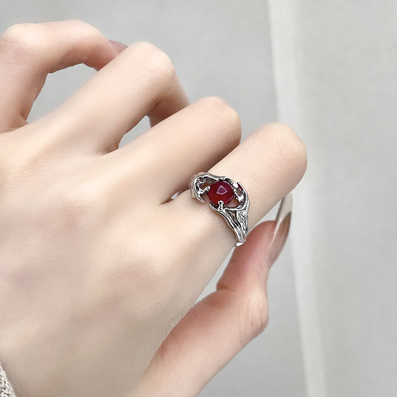 Irregular Red Gemstone Rings for Women Egirl Kpop Stone Aesthetic Metal Hollow Open Ring Vintage ...
