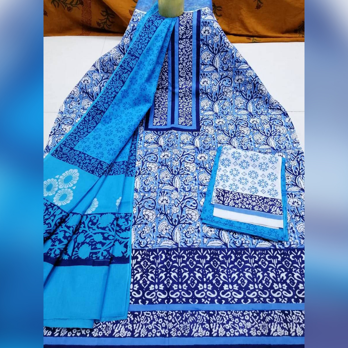 Block Print Cotton Three Piece [3 Piece] For Women - 3 Pice Dress ...