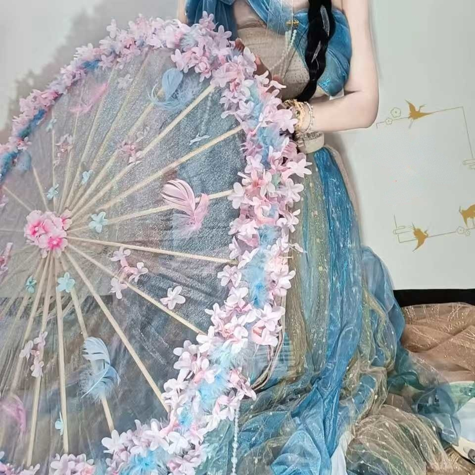 CecyliaXion Antique Hanfu Flower Waterproof Beach Lace Umbrella Feather ...