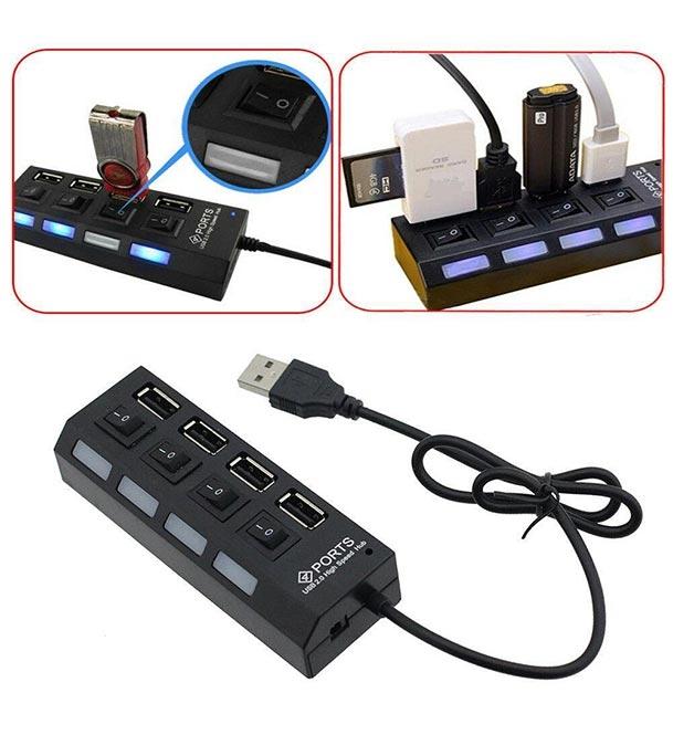 4 Ports USB 2.0 Hub LED USB Hub With Switch - Black