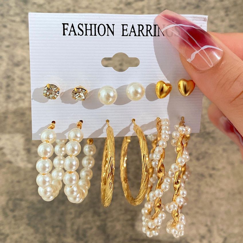 New Fashionable Trendy 6 Pairs = 12 Pcs Pearl Stud Earrings for Girls ...