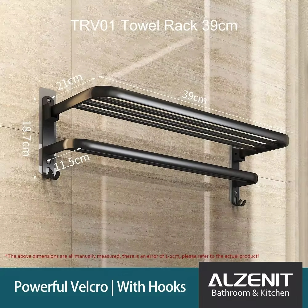 Matte Black No Drilling Towel Rack Movable Holder With Hook Wall Mount ...