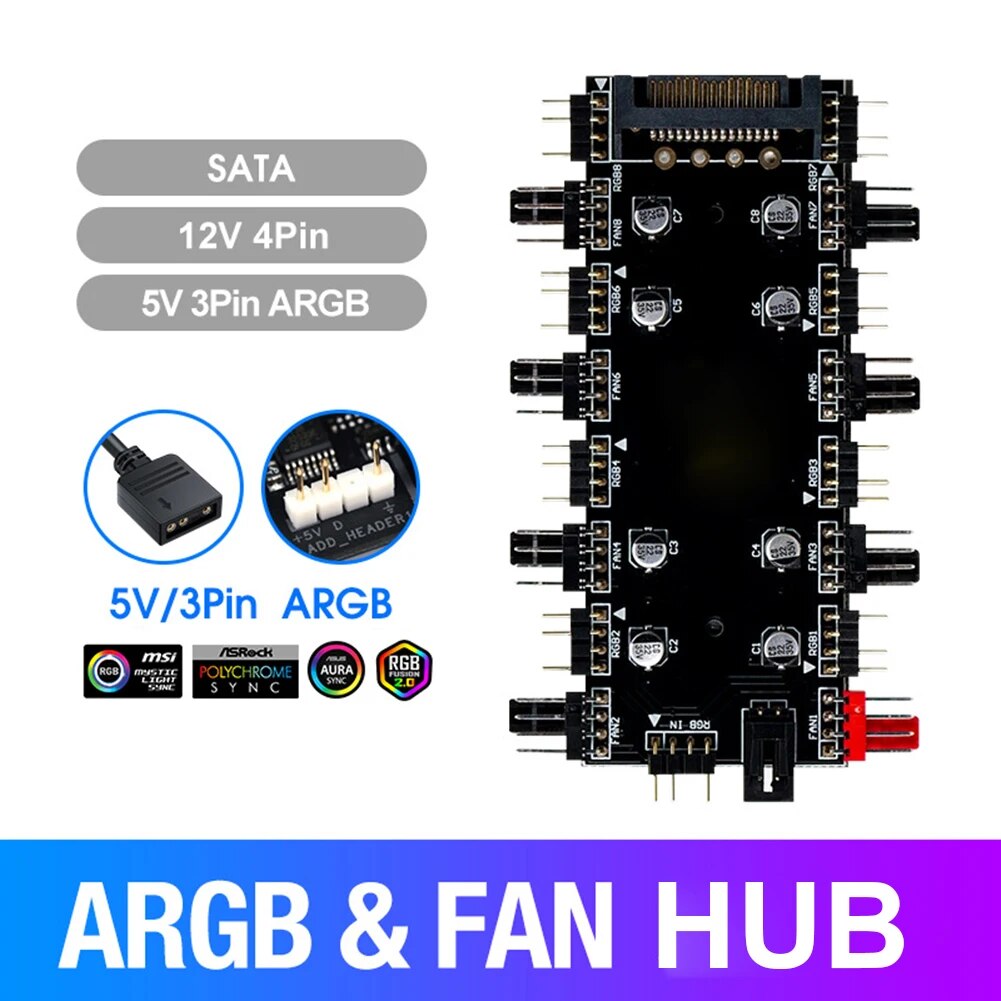 12V 4Pin RGB 5V 3 pin ARGB Cable Splitter Hub SATA/4D Powered Extension Cable Adapter LED Strip ...