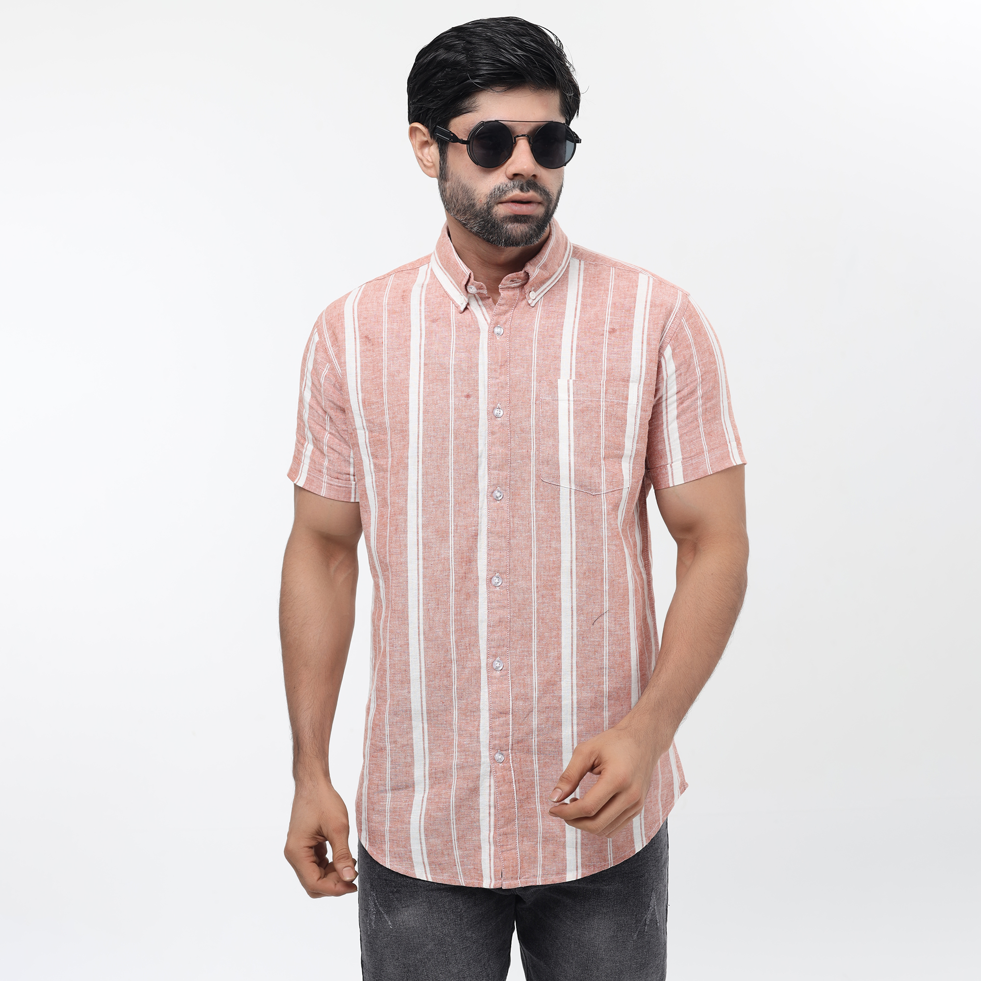 Premium Quality Indian Remi Cotton Fabric Stripe Casual Half Sleeve ...