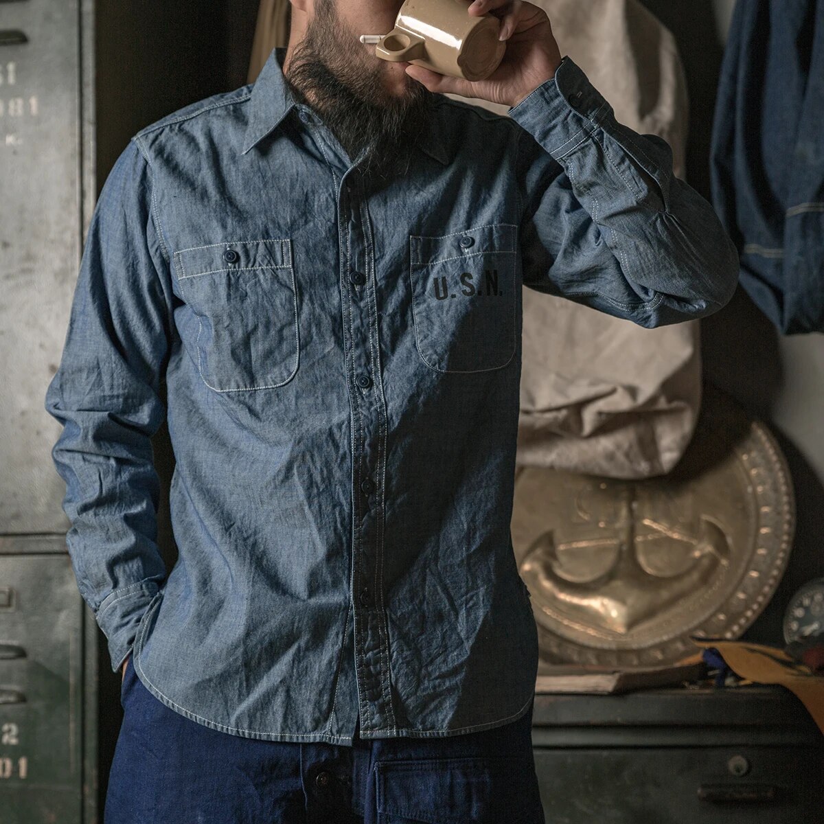 Bronson USN Selvedge Chambray Work Shirt Naval Long Sleeve Utility ...
