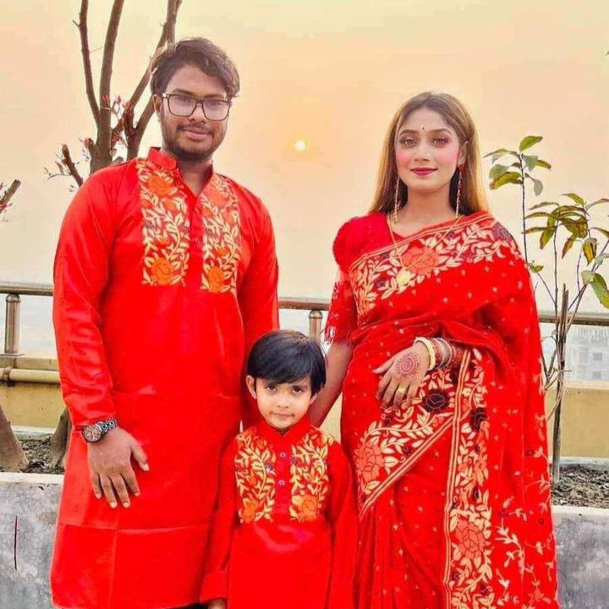 block print matching couple dress family set saree and panjabi | Daraz ...