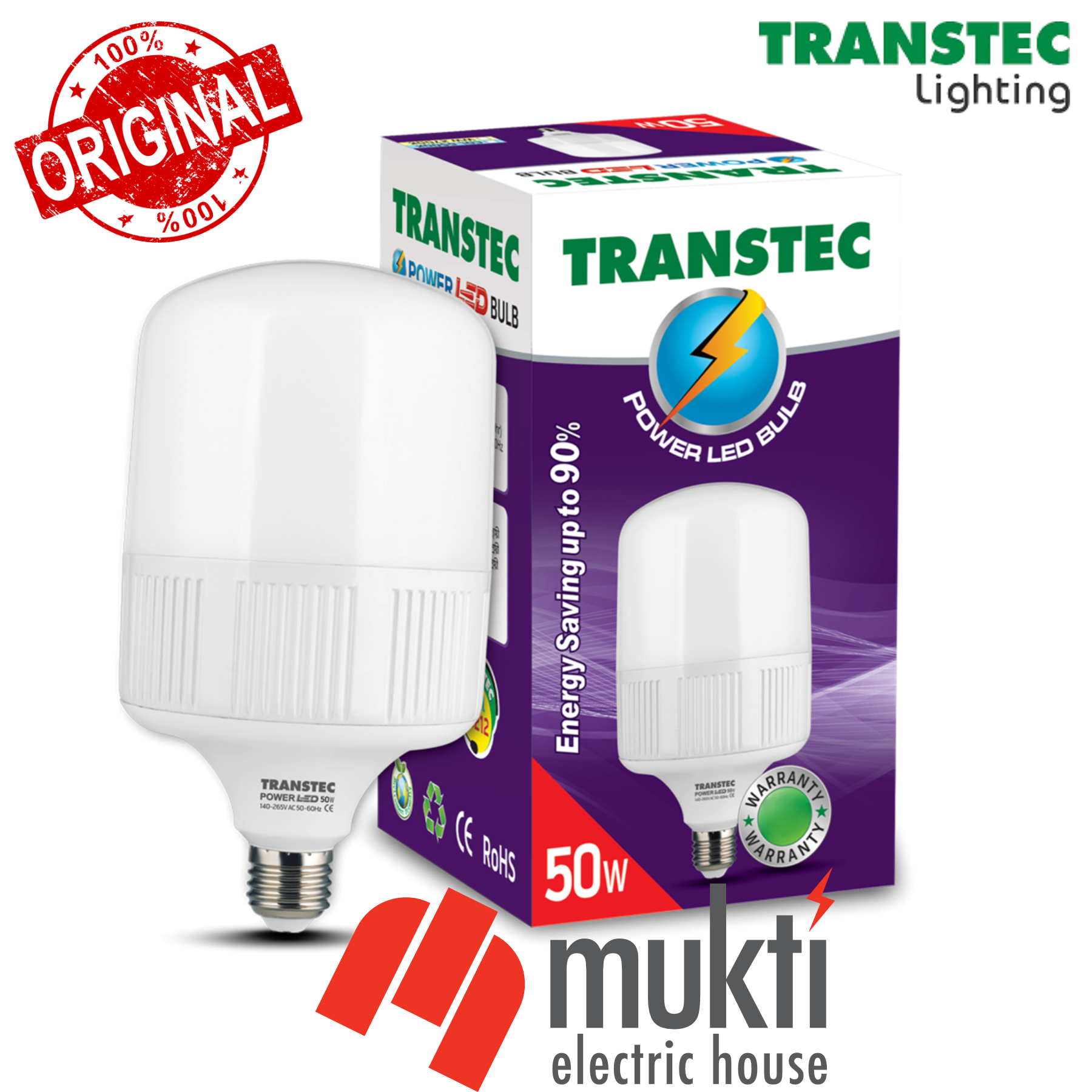 TRANSTEC Power 50 Watts Bright LED Bulb White Lamp Light 1 Years ...