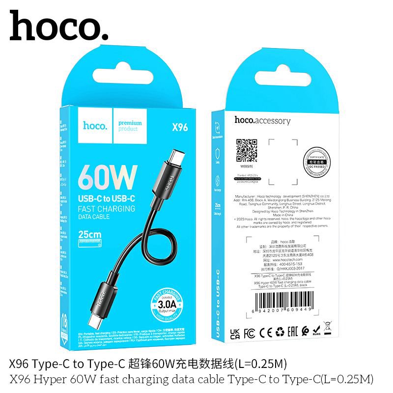 Hoco X96 60W USB-C to USB-C Fast Charging Data Cable 25CM | Daraz.com.bd