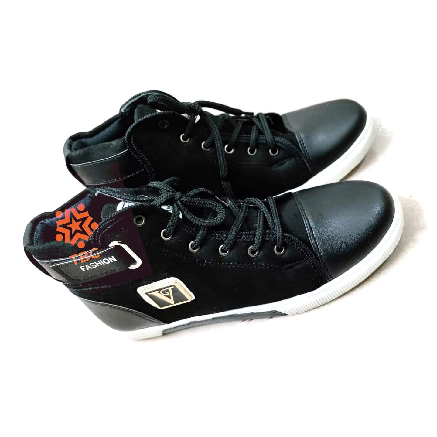 Boots high mid caff golden,black mix fabrics and leather rubber sole ...