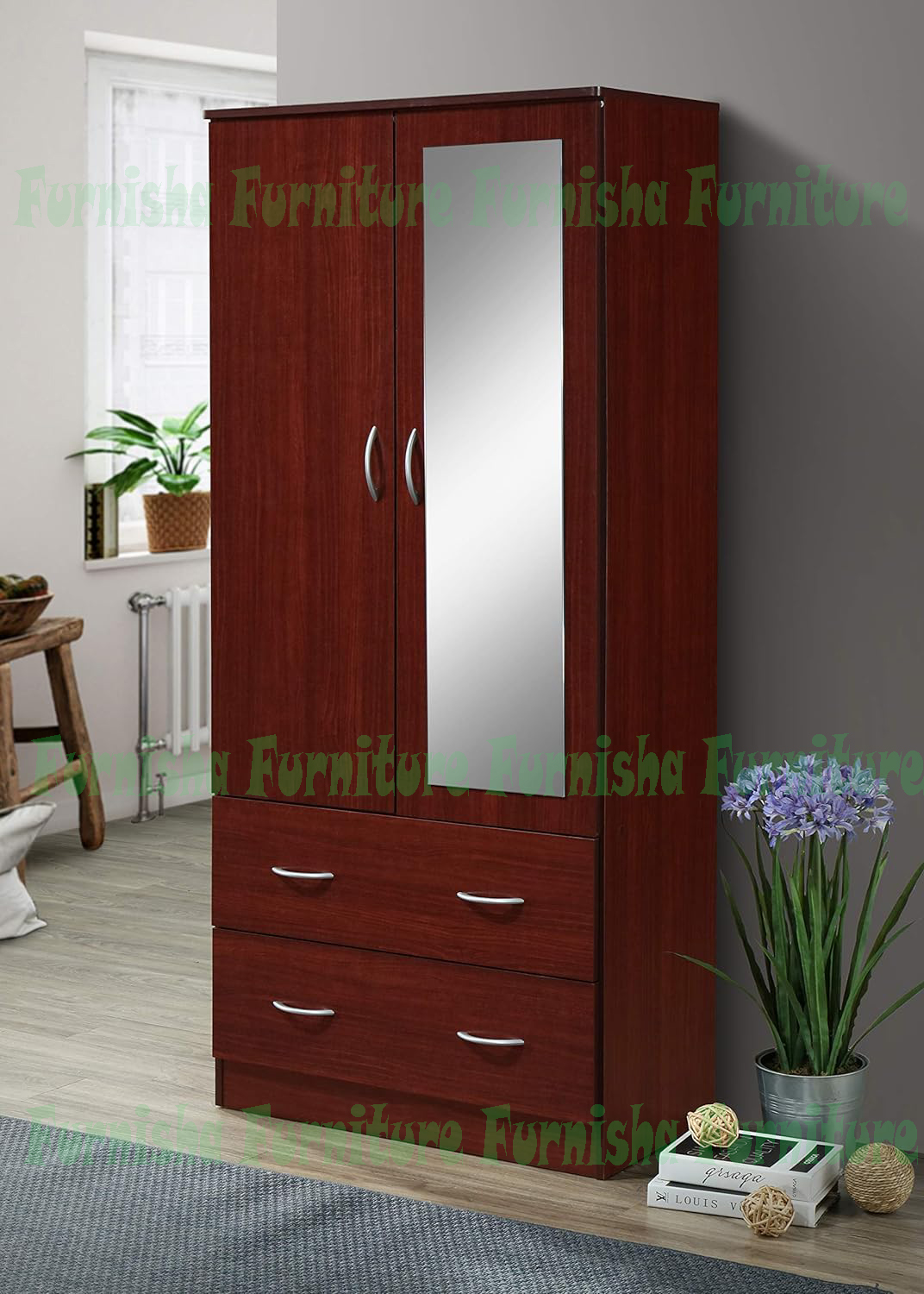 Hodedah Two Door Almirah with Two Drawers and Hanging Rod plus Mirror ...