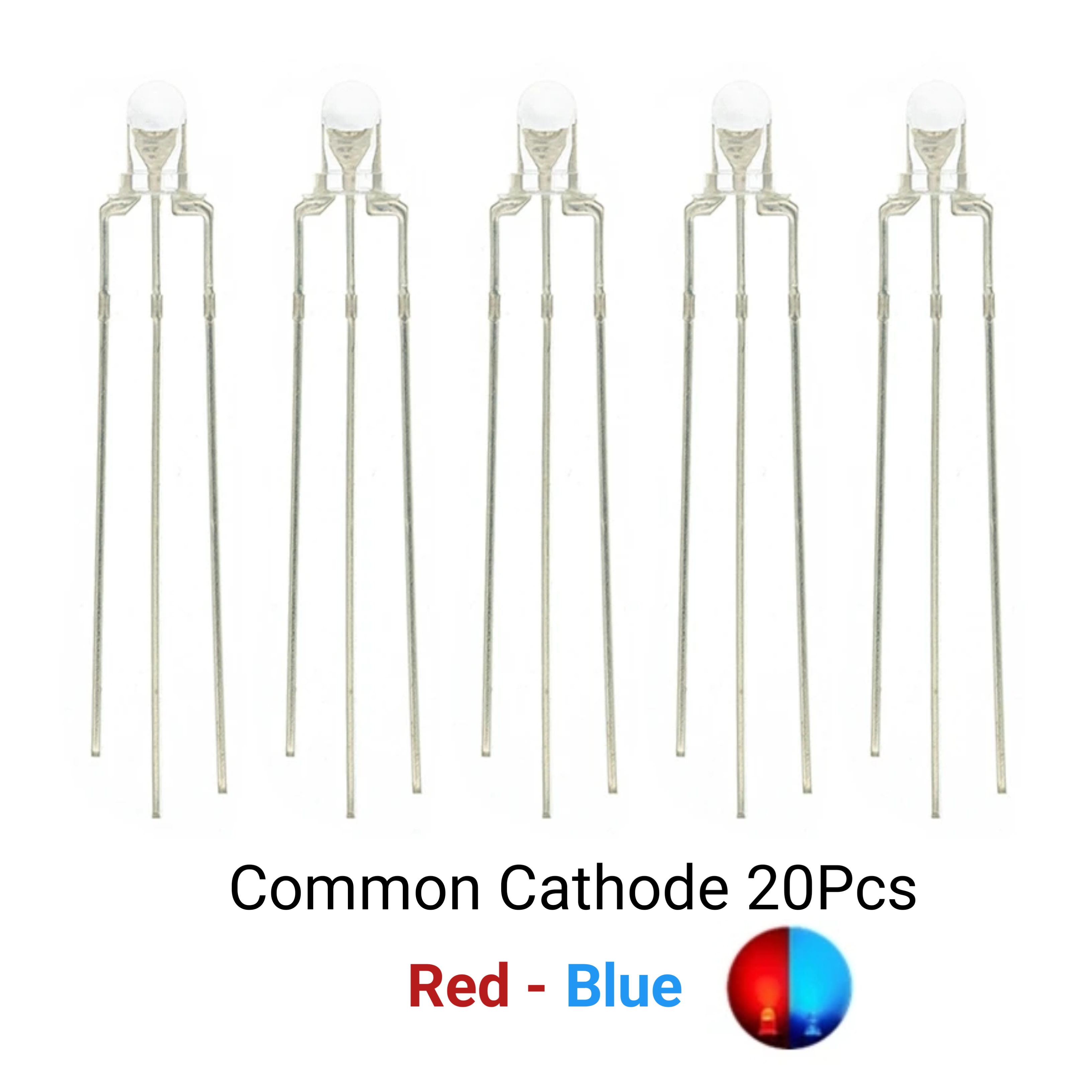 20PCS 3MM Round Clear Lens Two Color Common Anode/Cathode LED Red Blue ...