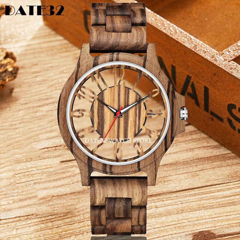 Natural Bamboo Wood Watch for Men Full-Wooden Hollow Case Band Watches ...