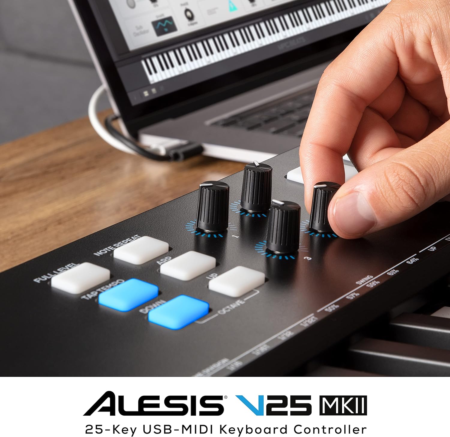 Alesis V25 - 25-Key Mk2 USB MIDI Keyboard Controller with Backlit Pads, 4 Assignable Knobs and ...