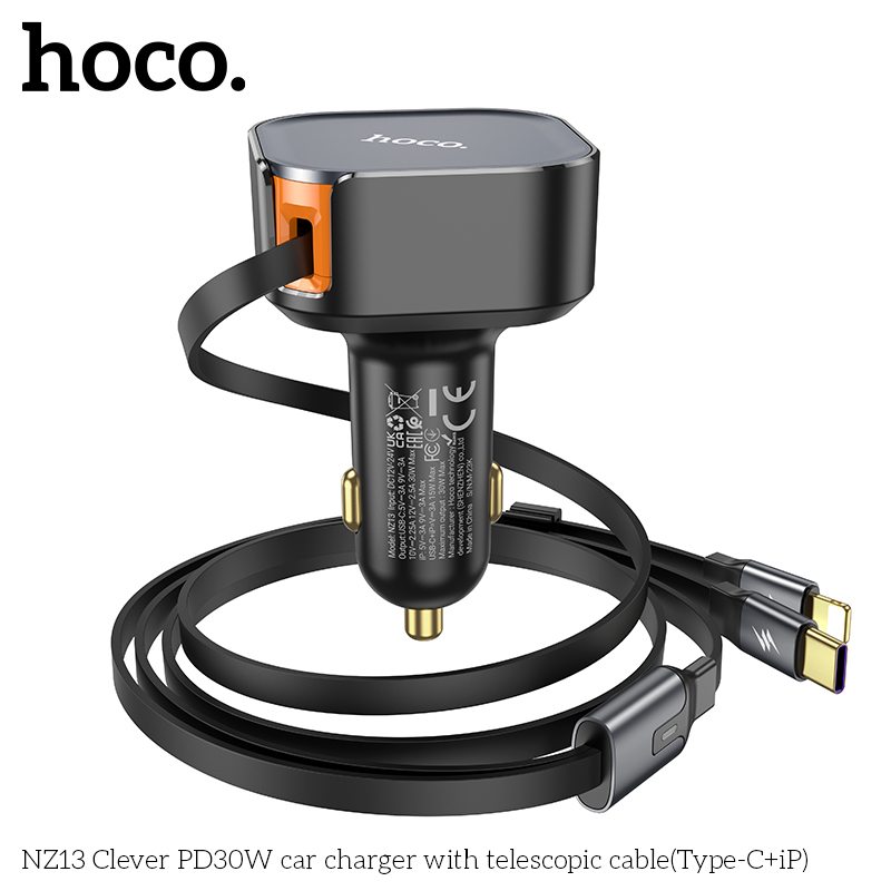 HOCO NZ13 Clever PD30W Car Charger With Telescopic Type-C+iP Cable ...