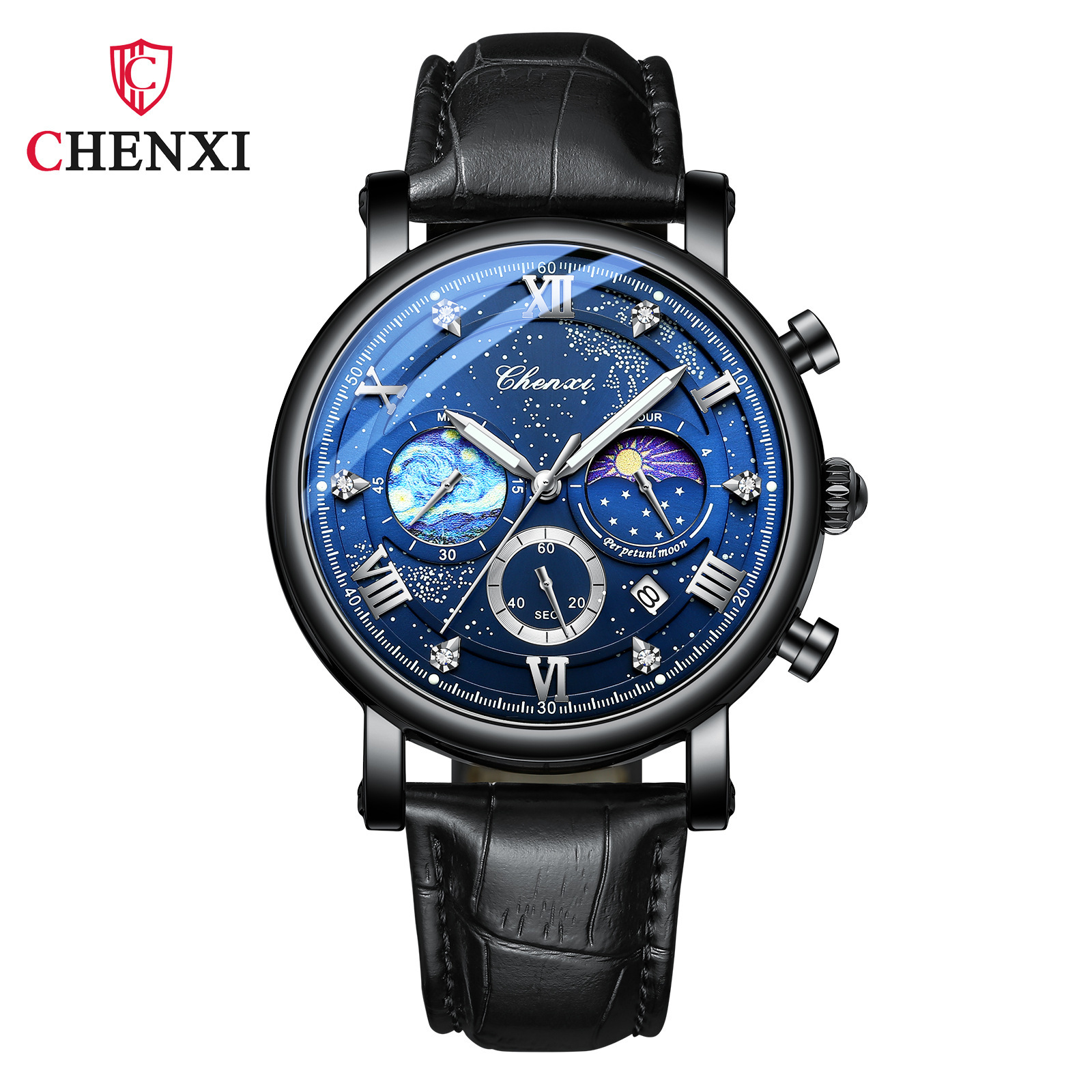 CHENXI Morning Sun, Moon, Stars, Multifunctional Fashion Men's Watch, Luminous Moon Phase ...