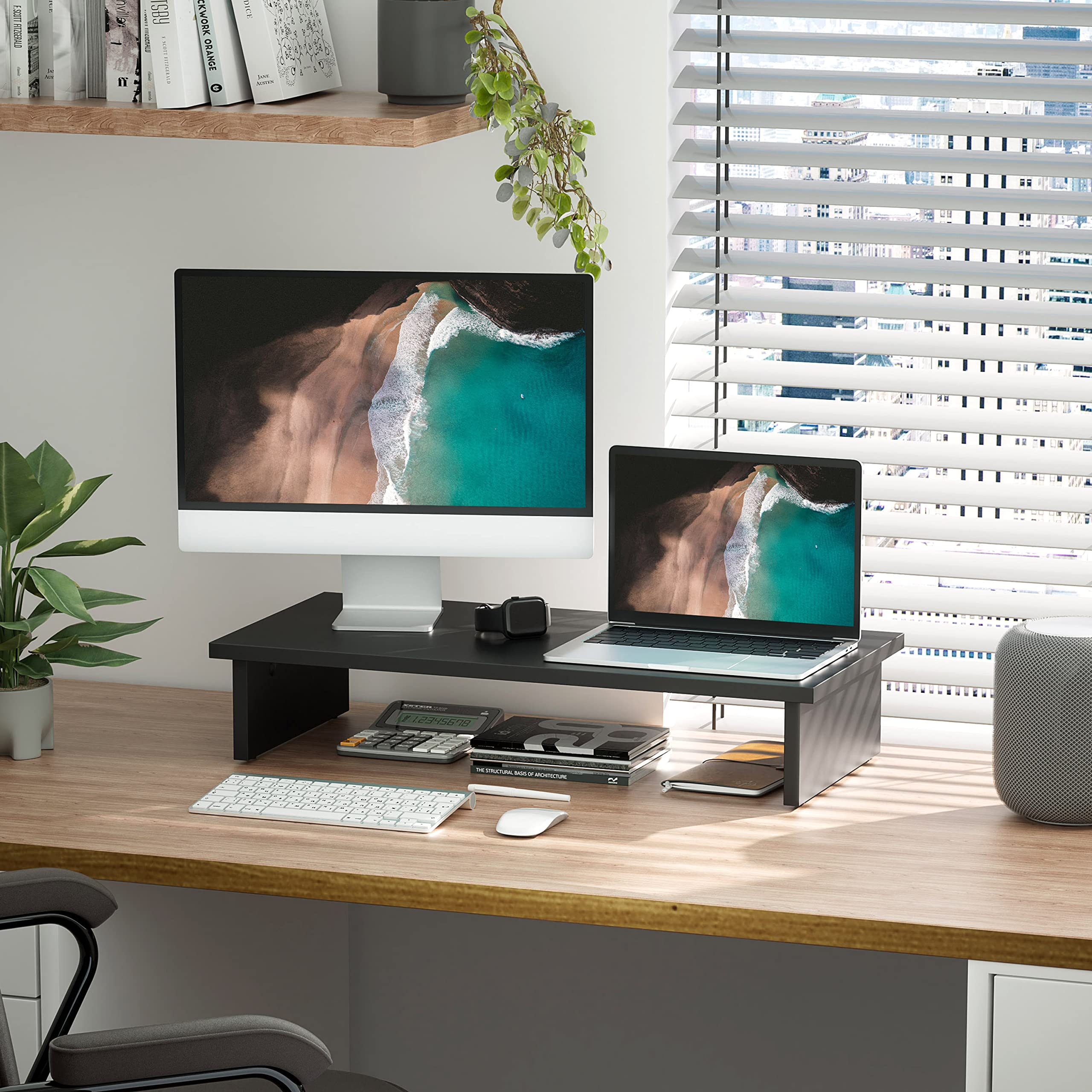 Monitor Stand – Extended Shelf Computer Monitor Riser, Wood Desktop ...