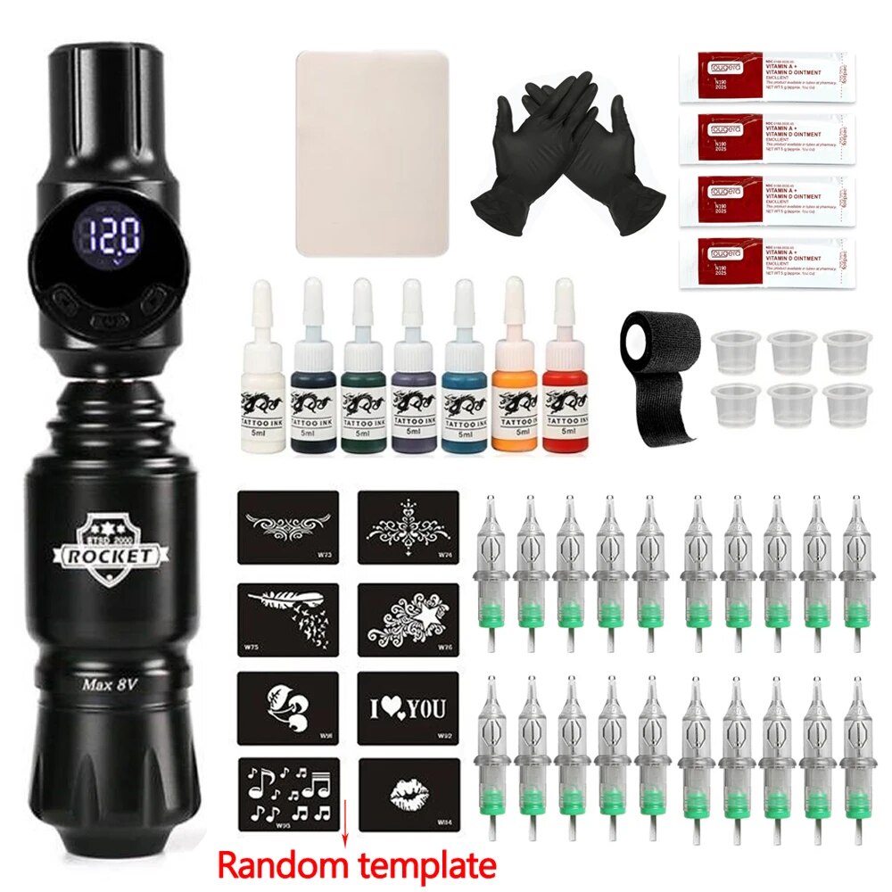 Wireless Tattoo Kit Complete Mini Rocket Rotary Machine Pen Set Tattoo ...