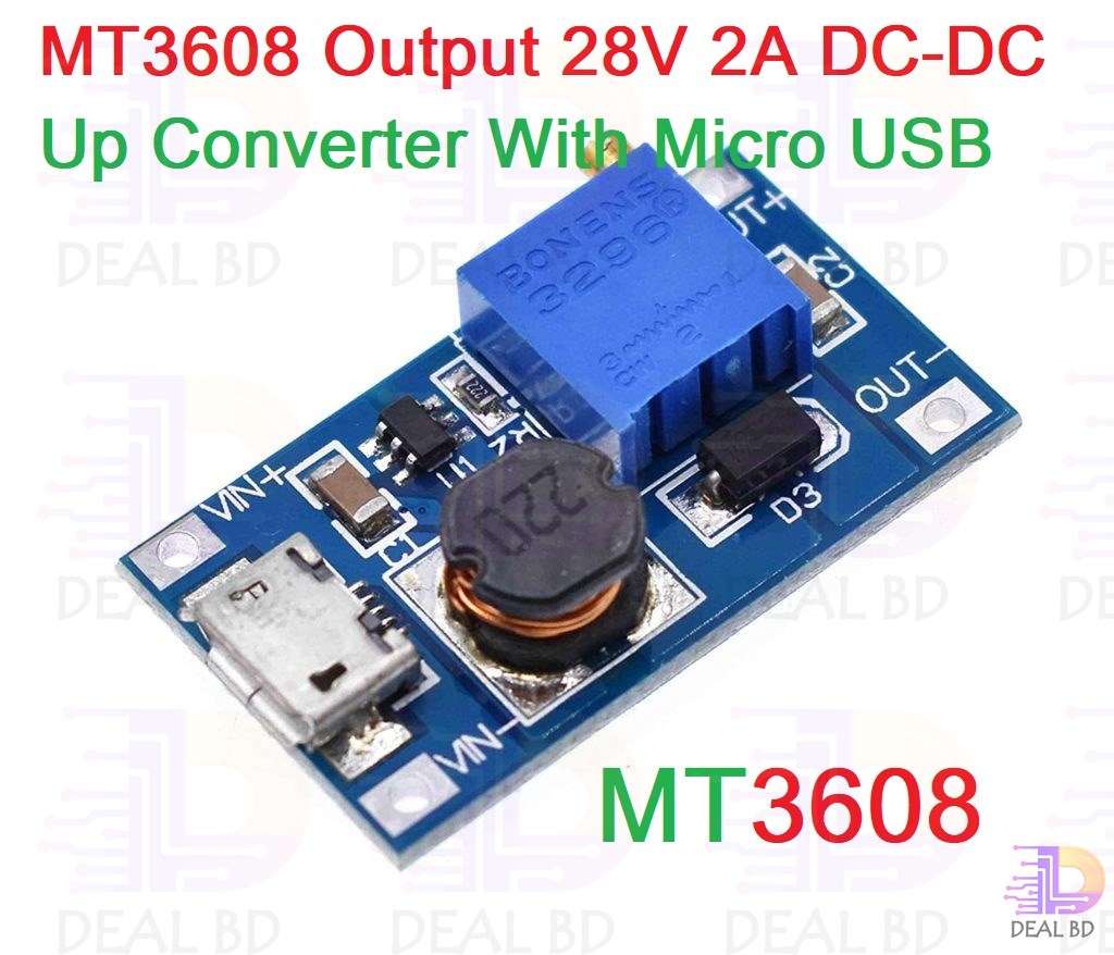 DC DC Step Up MT3608 Boost Converter Micro USB DC 2V-24V to 5V-28V 2A Adjustable Voltage ...