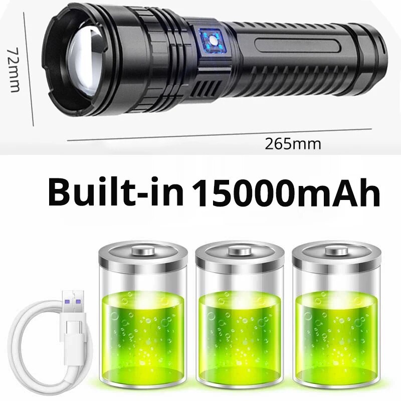 10000LM 800W Most Powerful Led Flashlights Tactical 15000mah Built-in ...