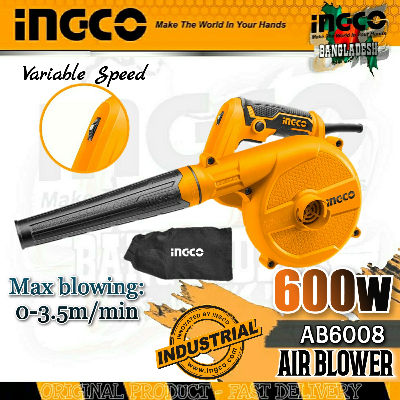INGCO 650W Variable speed Aspirator blower With 1Pcs dust bag AB6038 ...