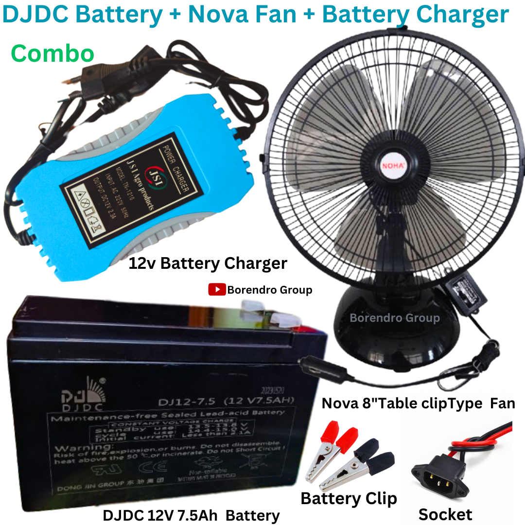 DJDC 12V 7.5Ah Battery With Nova Dc 8 " Table Fan With Battery Charger ...