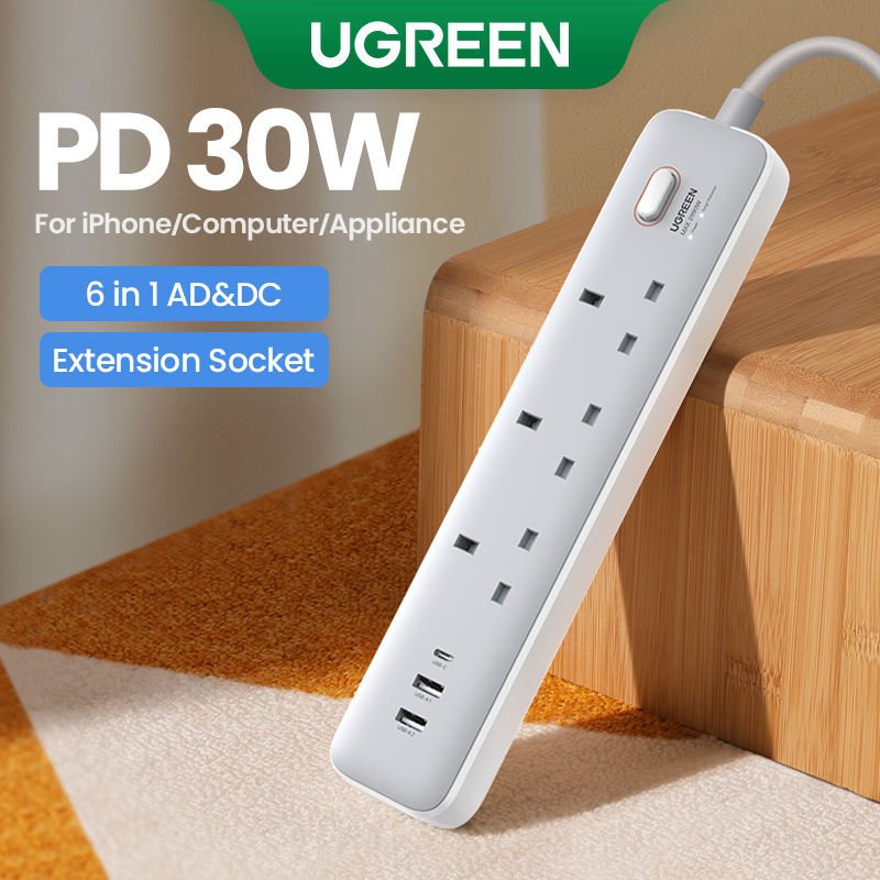 UGREEN 30W Extension Socket Fast Charger UK Plug with 3 AC Outlets 2 ...