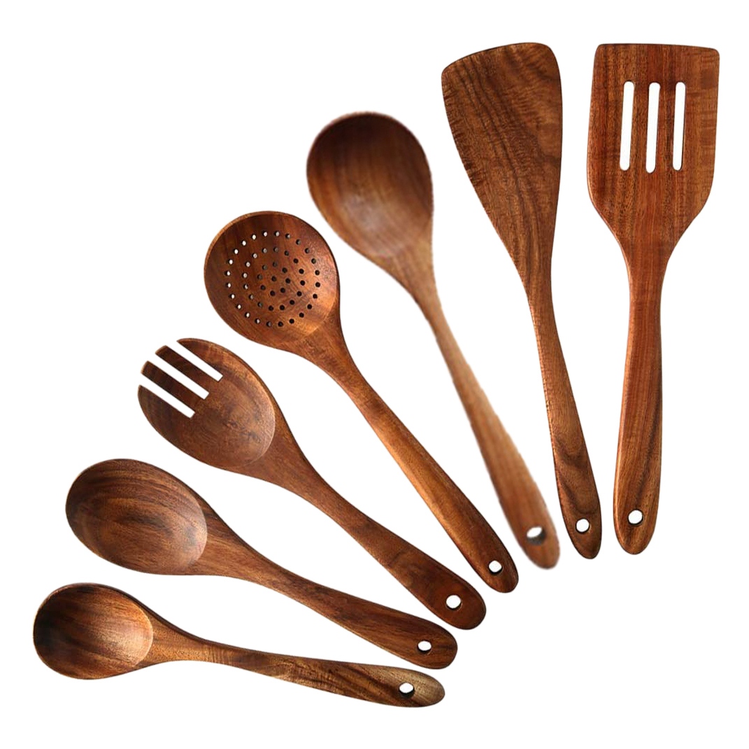Individual 7 PCS Teak Wooden Kitchen Cooking Utensils, Non-Stick Spoons ...