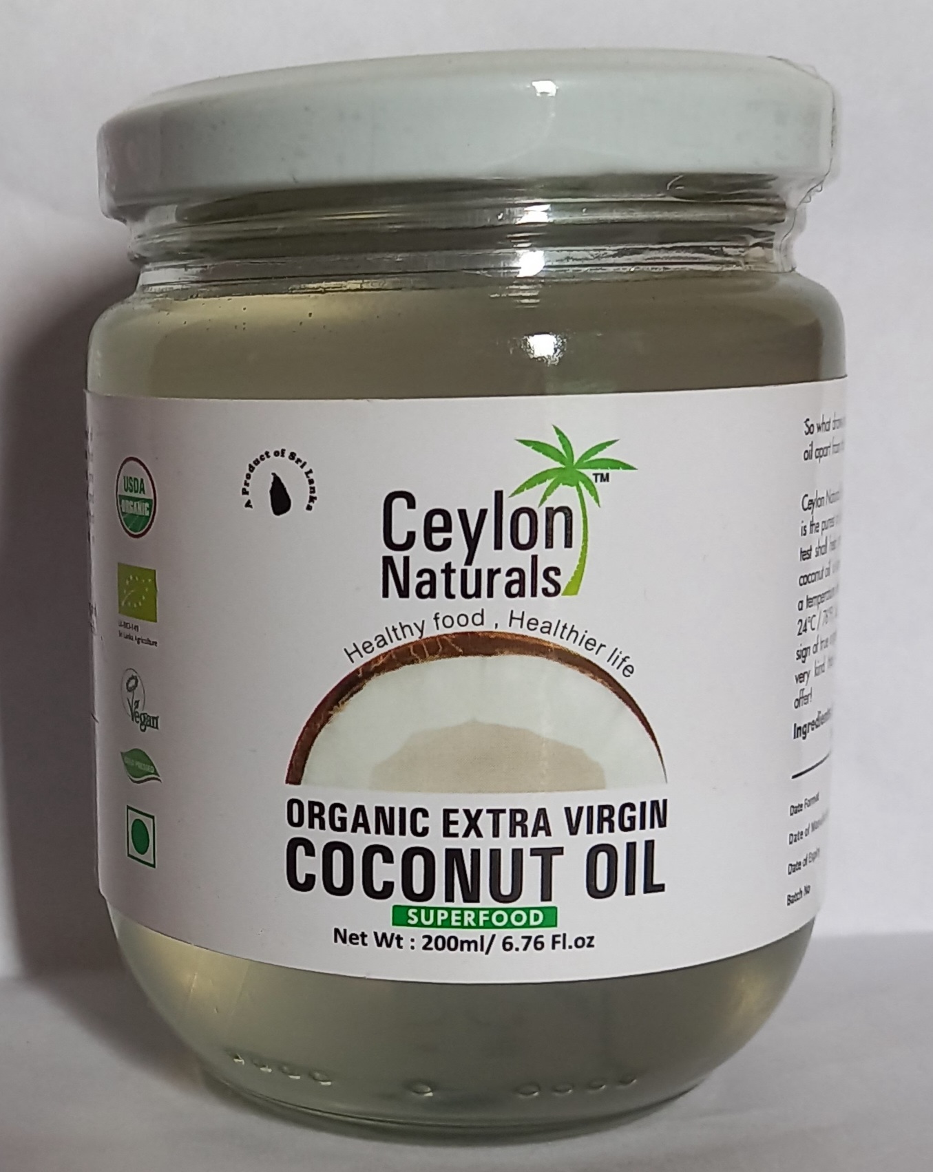 Ceylon Naturals Organic Extra Virgin Coconut Oil 200ml Origin Srilanka ...