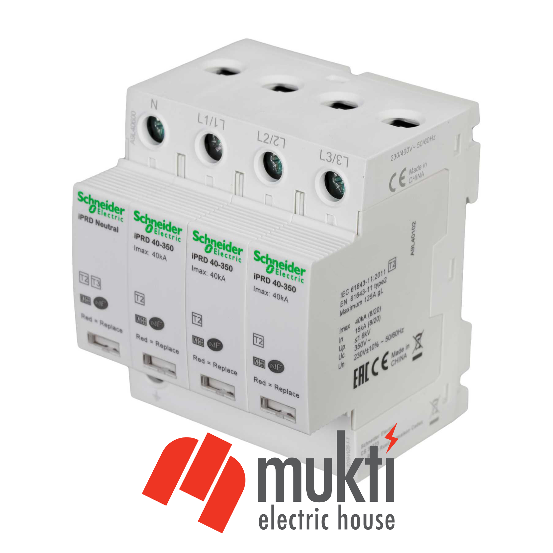 Schneider SPD 40kA 4 Module 3 Pole and Neutral Type 2 Surge Protector ...