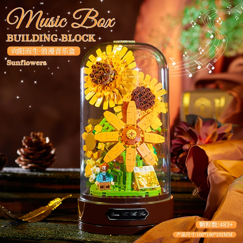 Flowers set building blocks toys tulips rose sunflower with glass cover ...