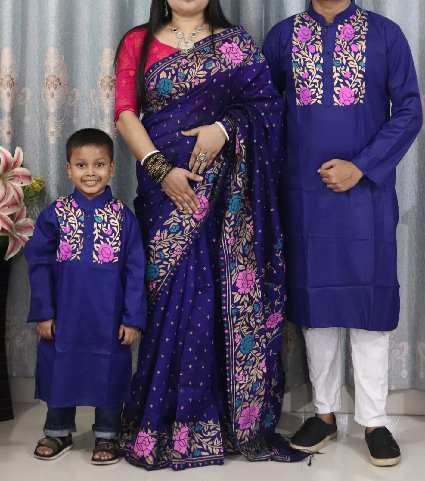 Block Print Family Set Navy Blue Color Saree and Panjabi for Father ...