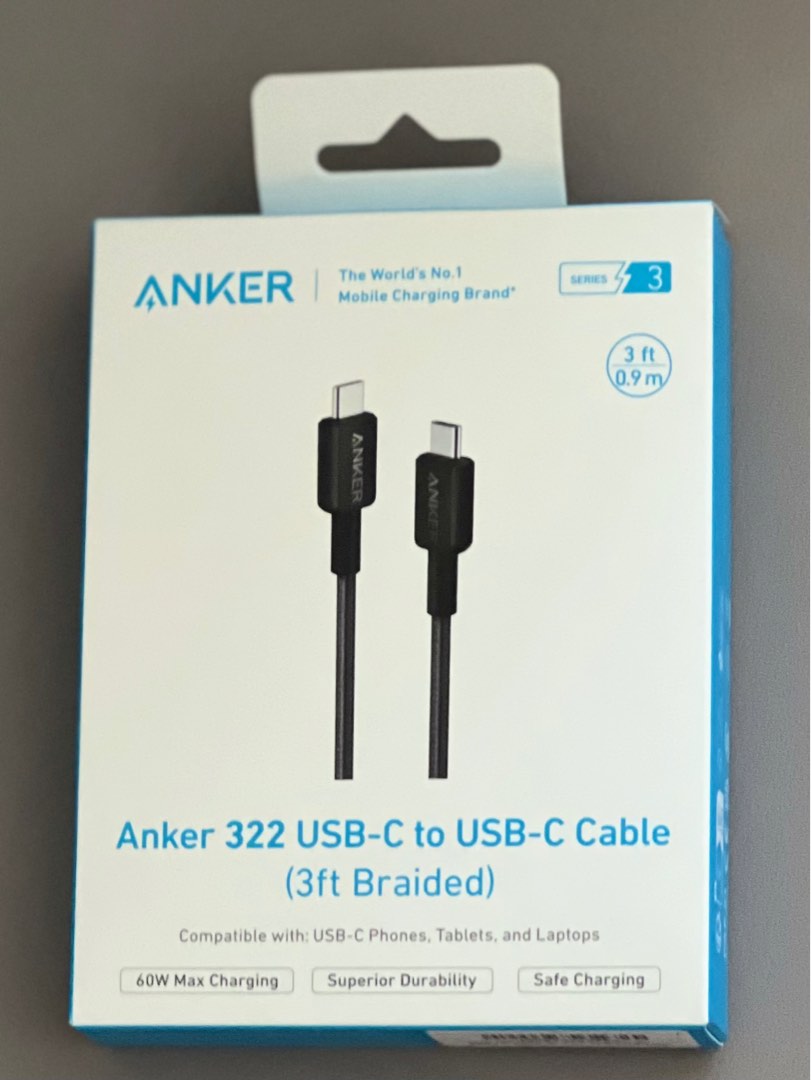 Anker 322 USB-C To USB-C Cable 3ft 60W Nylon Braided Cable Safe charging multicolour