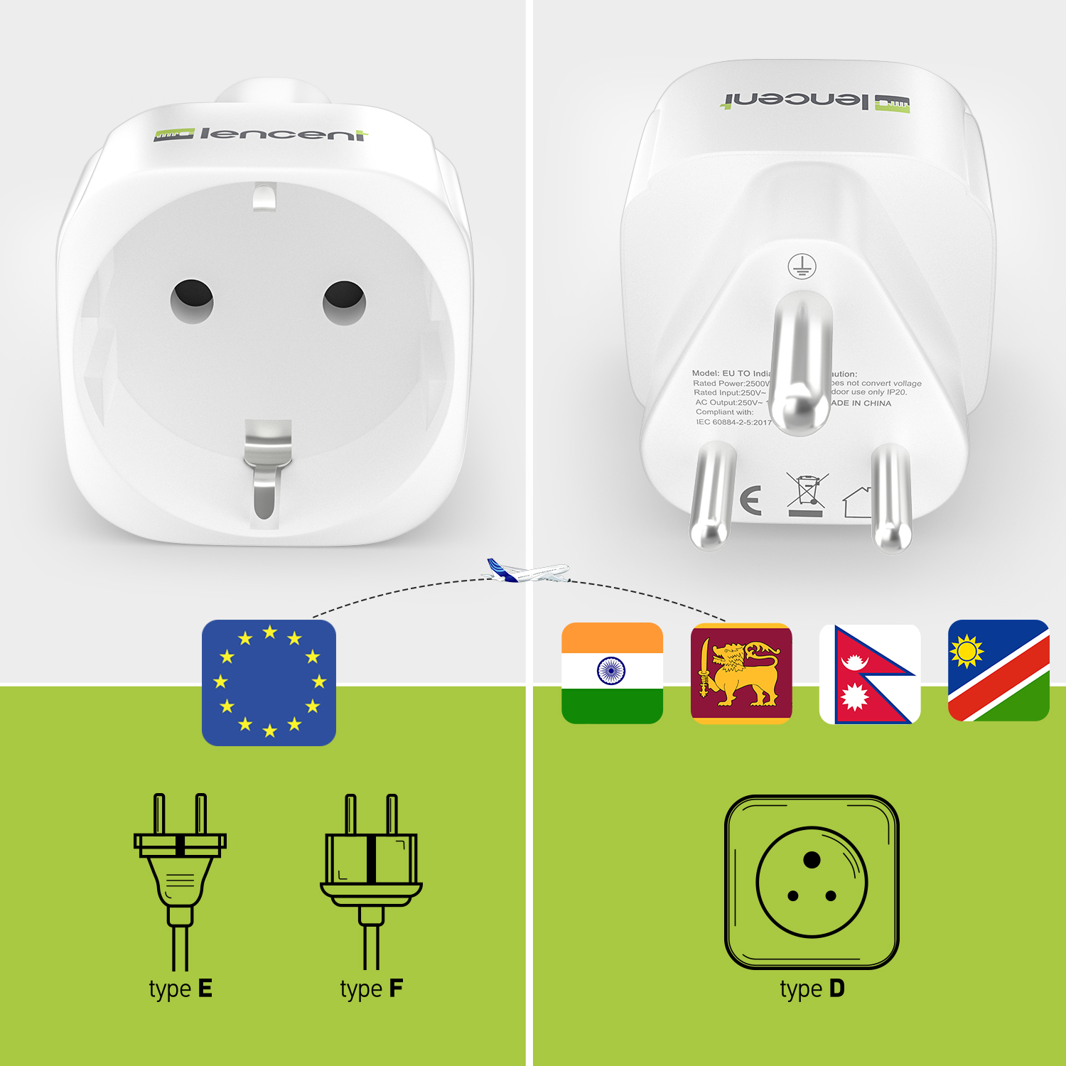 Lencent Travel Adapter EU to Type D India Schuko Travel Adapter Plug ...