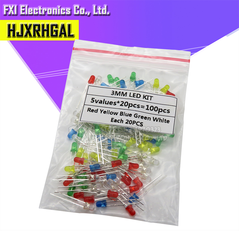 100PCS 3mm LED diode Light Assorted Kit 5Colors*20PCS F3 White Yellow ...