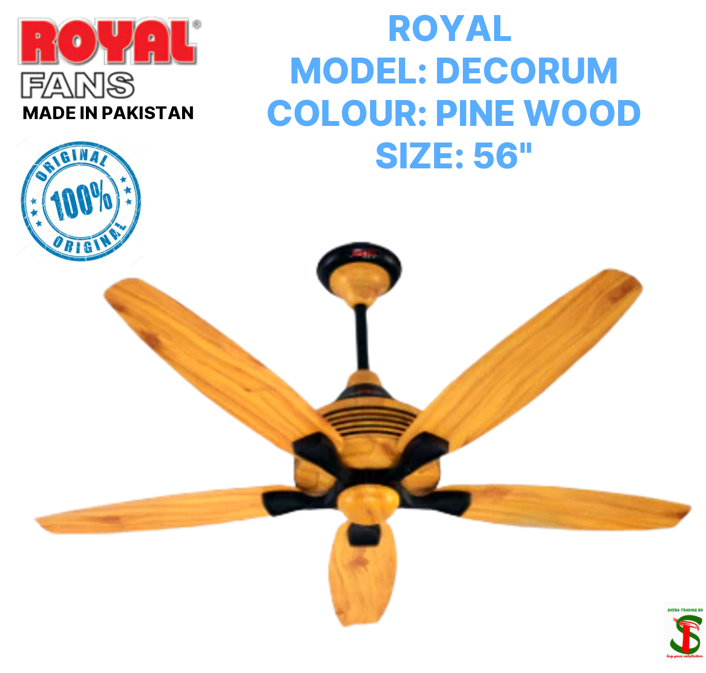 Royal Decorum 1400MM (56") Ceiling Fan (Pine Wood) Made in Pakistan ...