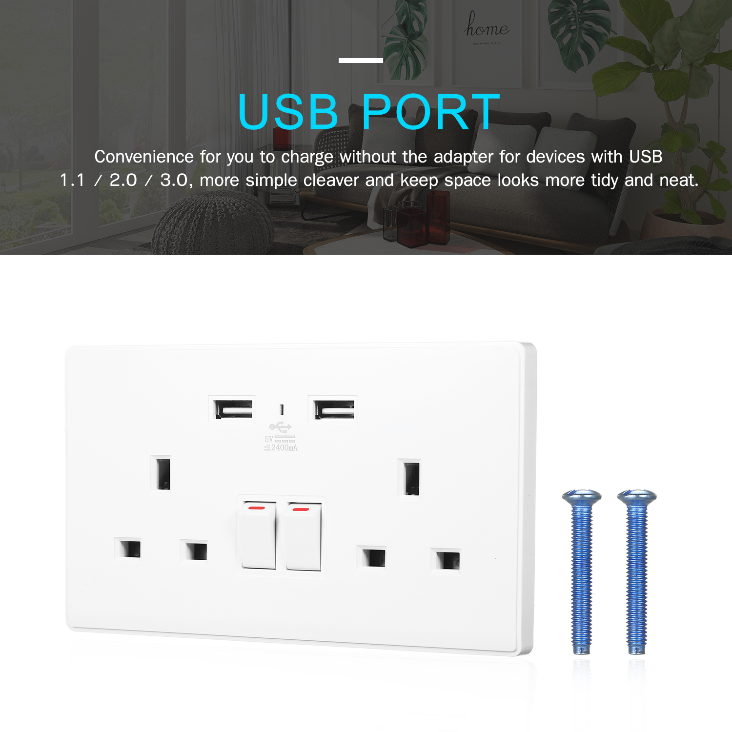 2 Gang 13A Outlet Individually Switched Dual Plug Socket with 2 USB ...