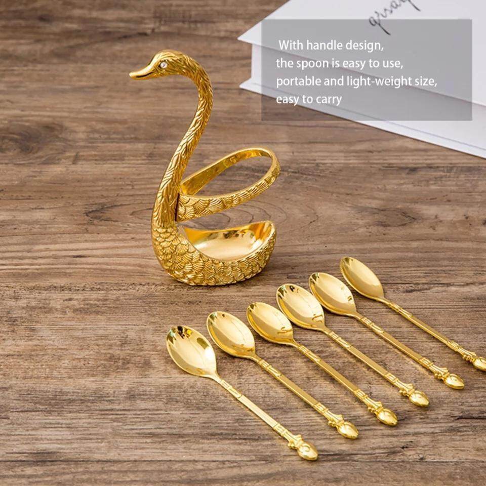 Spoon Set With Swan Stand - Golden and silver