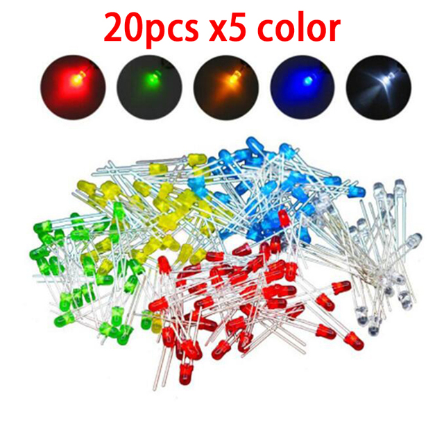5Colors x20pcs =100pcs F3 Ultra Bright 3MM Round Water Clear Green ...