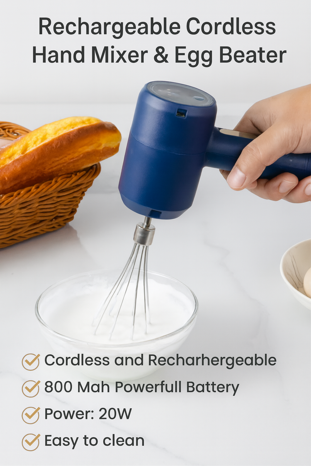 Rechargeable Hand Mixer & Egg Beater – Cordless | 800mAh Battery | 20W ...