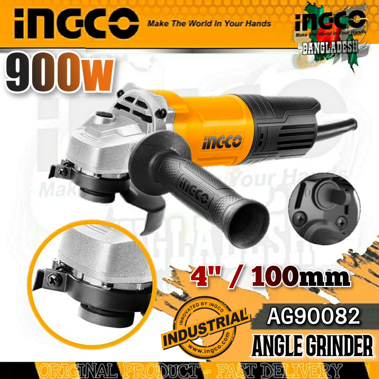 INGCO 900W Corded Angle Grinder 100mm Grinding Disc with Auxiliary Handle For Cutting, Grinding ...