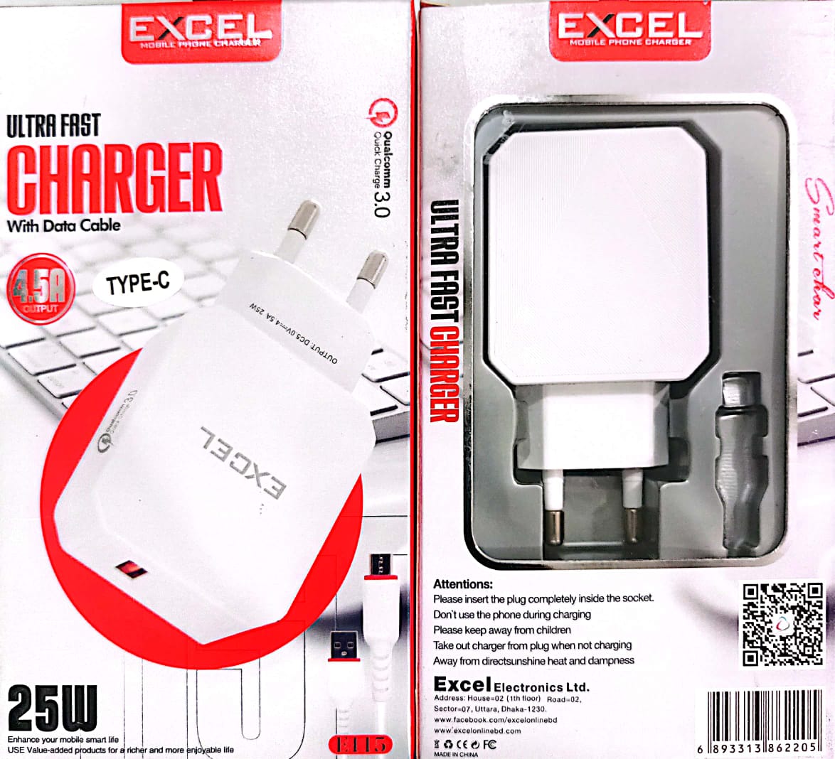 Excel B-24 Fast travel charger Adapter | 3.4A (18W) Auto-ID fast charger compatible with ...