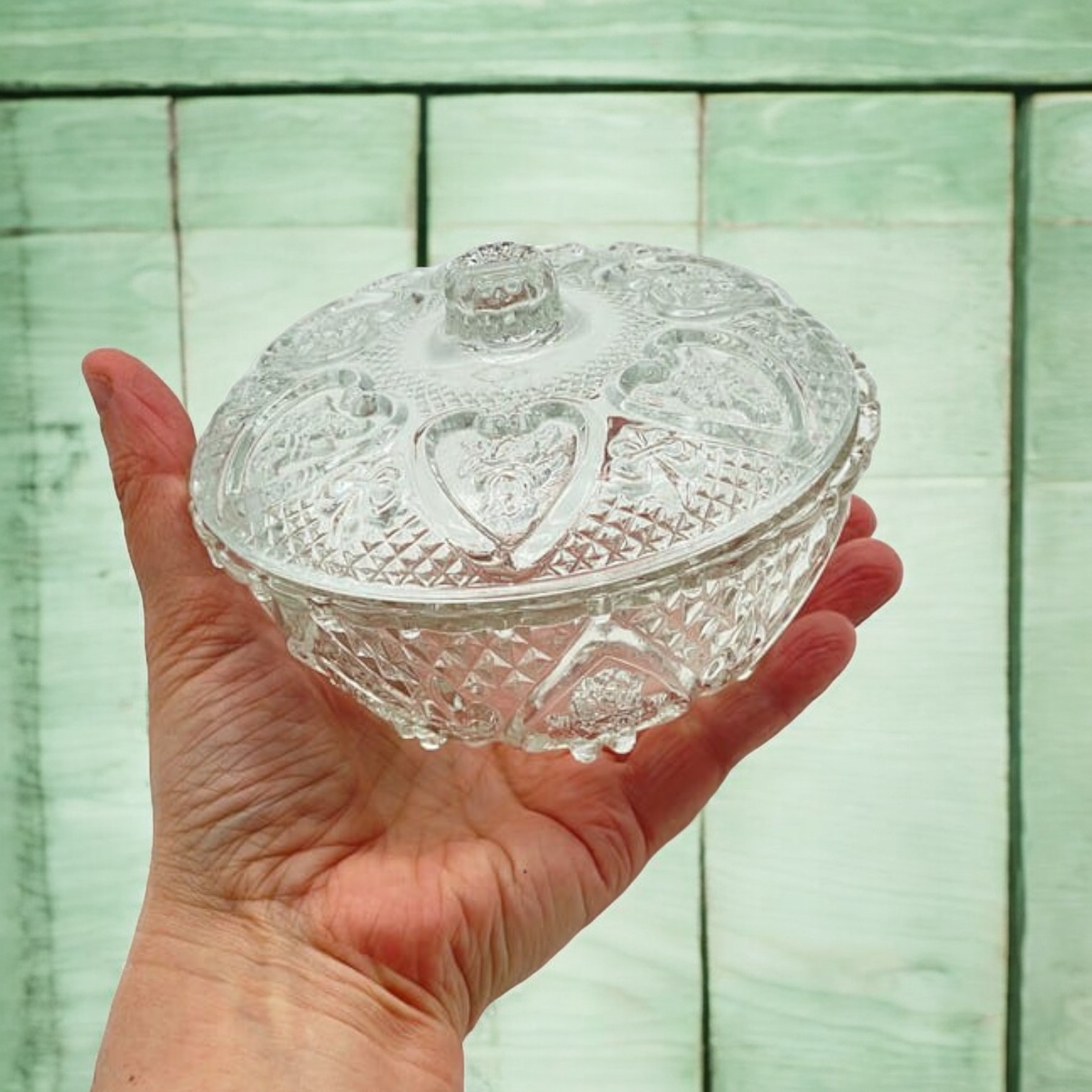 "Pressed Glass Candy Dish with Lid, Adorned with Hearts and Fleur de ...