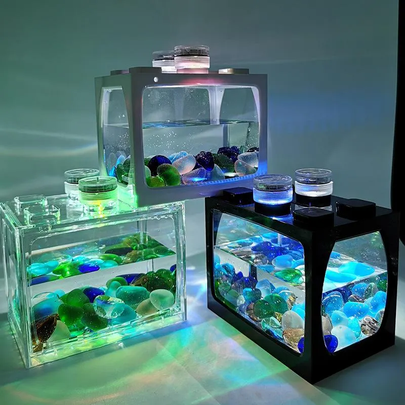 1 Pcs Mini Aquarium Fish Tank + Led Lamp + Water plant Light Home ...