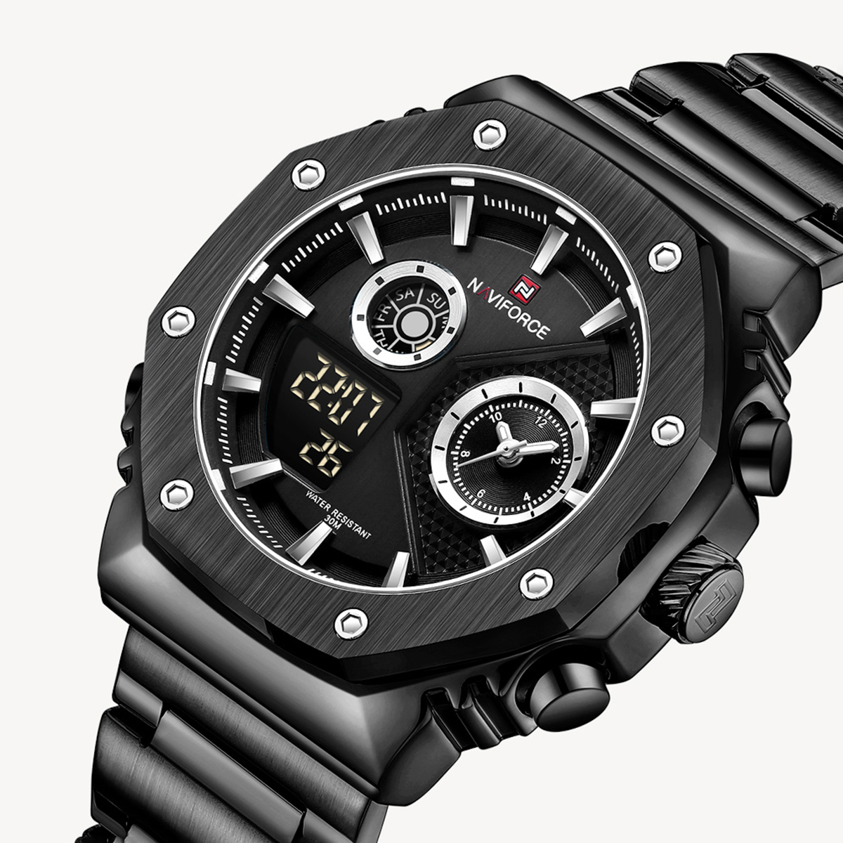 NAVIFORCE NF9216 Black Stainless Steel Dual Time Watch For Men - Black
