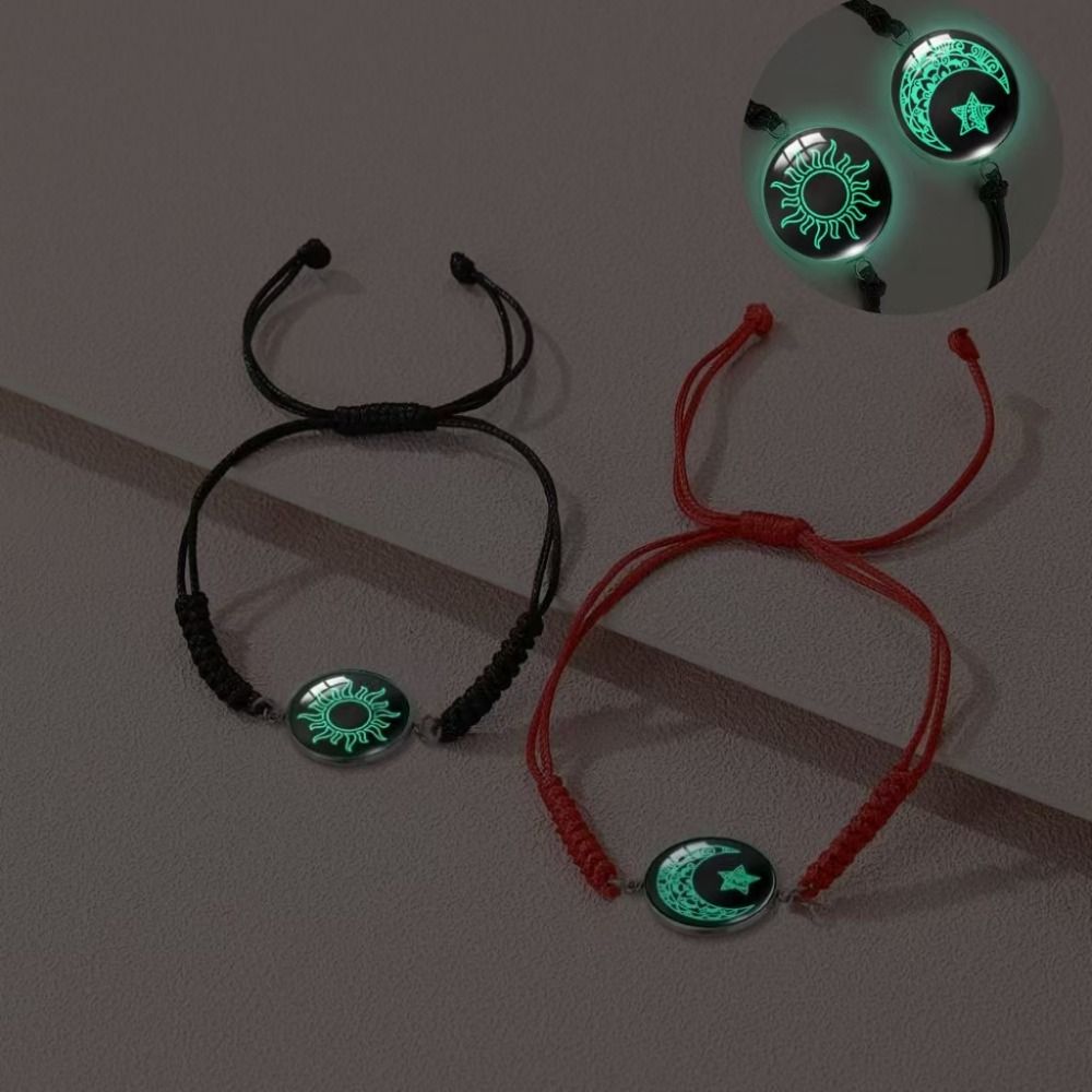 2Pcs New Romantic Couple Bracelet Adjustable Stainless Steel Woven Bracelet Glow in The Dark Sun ...