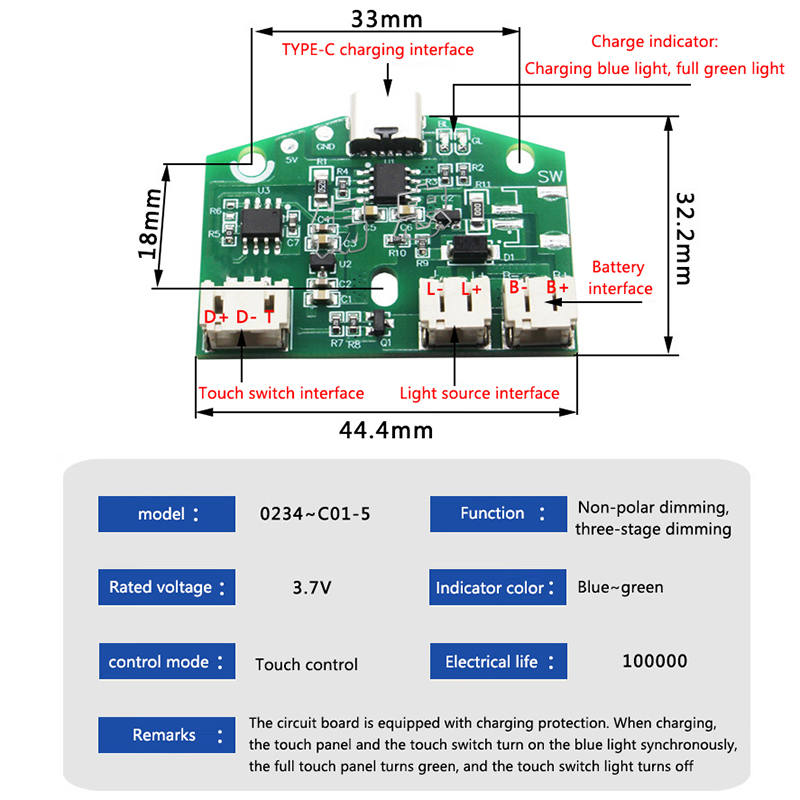 3.7V type-C table lamp circuit board USB charging PCB monochrome ...