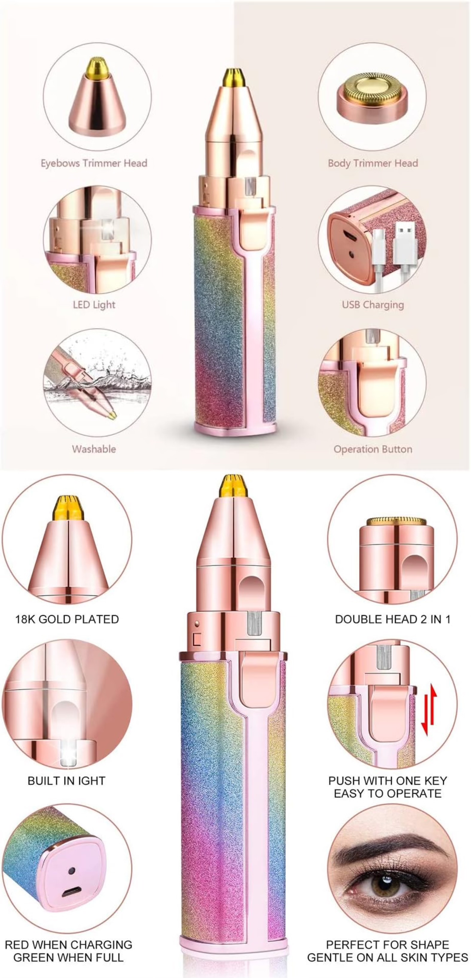 Blawless Rechargeable Eyebrow Trimmer Facial Hair Remover for Women, 2 ...