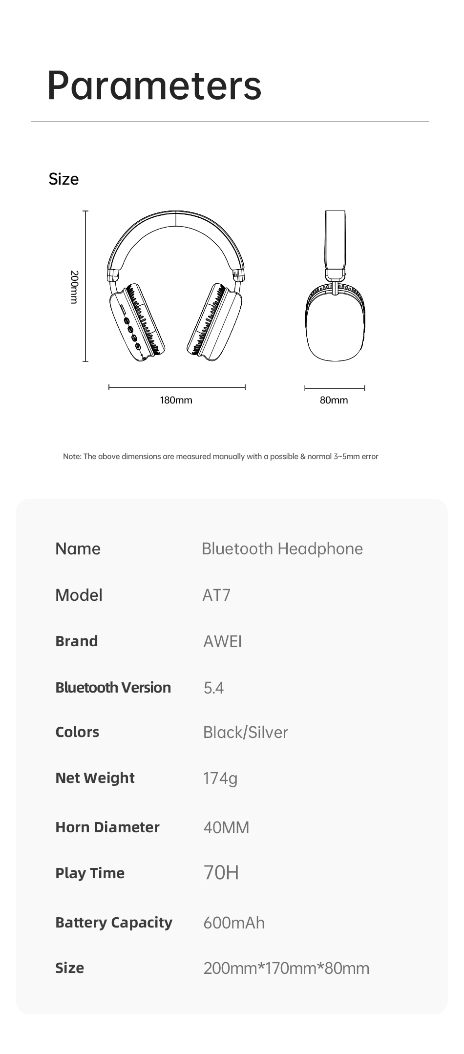 Awei AT7 Headphone 70 hours Play Time Bluetooth 5.4 Wireless Over The ...