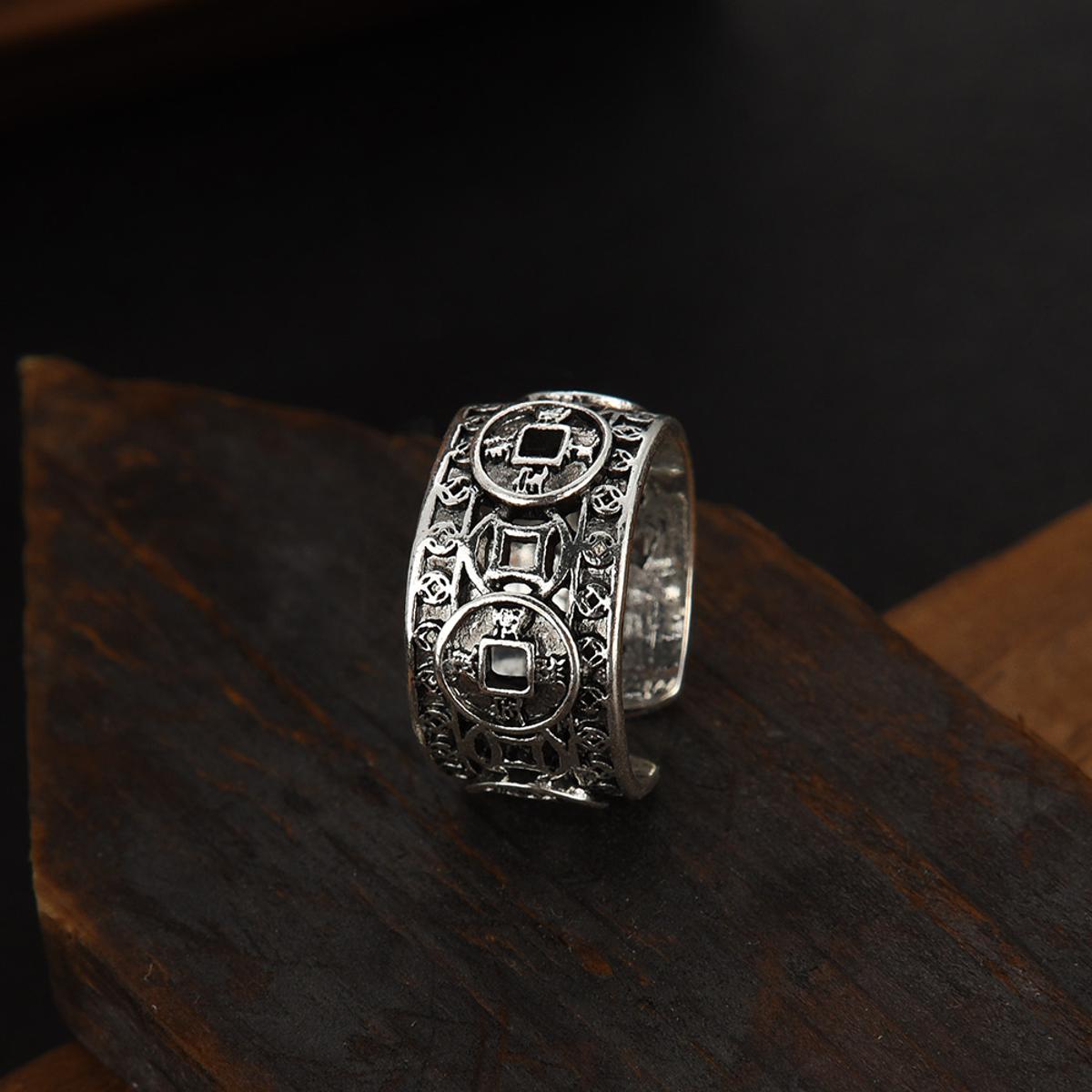 Vintage alloy Kim Tae-yin Five Emperor Open Ring -Auspicious Ruyi Bring Big Money Ward Off Evil ...